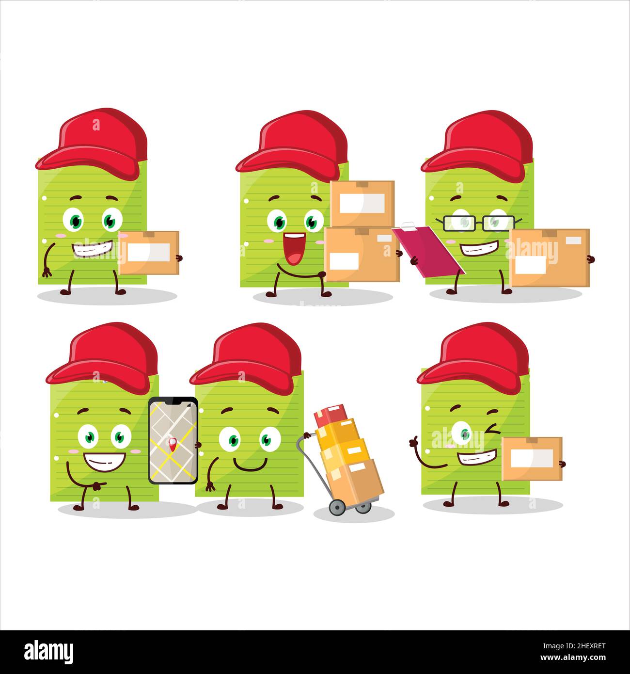 Cartoon character design of green sticky notes working as a courier ...