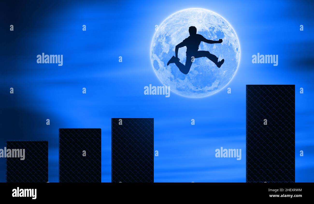 Man Jumping On Graph in front of the Moon. Businessman Jumps to higher ...