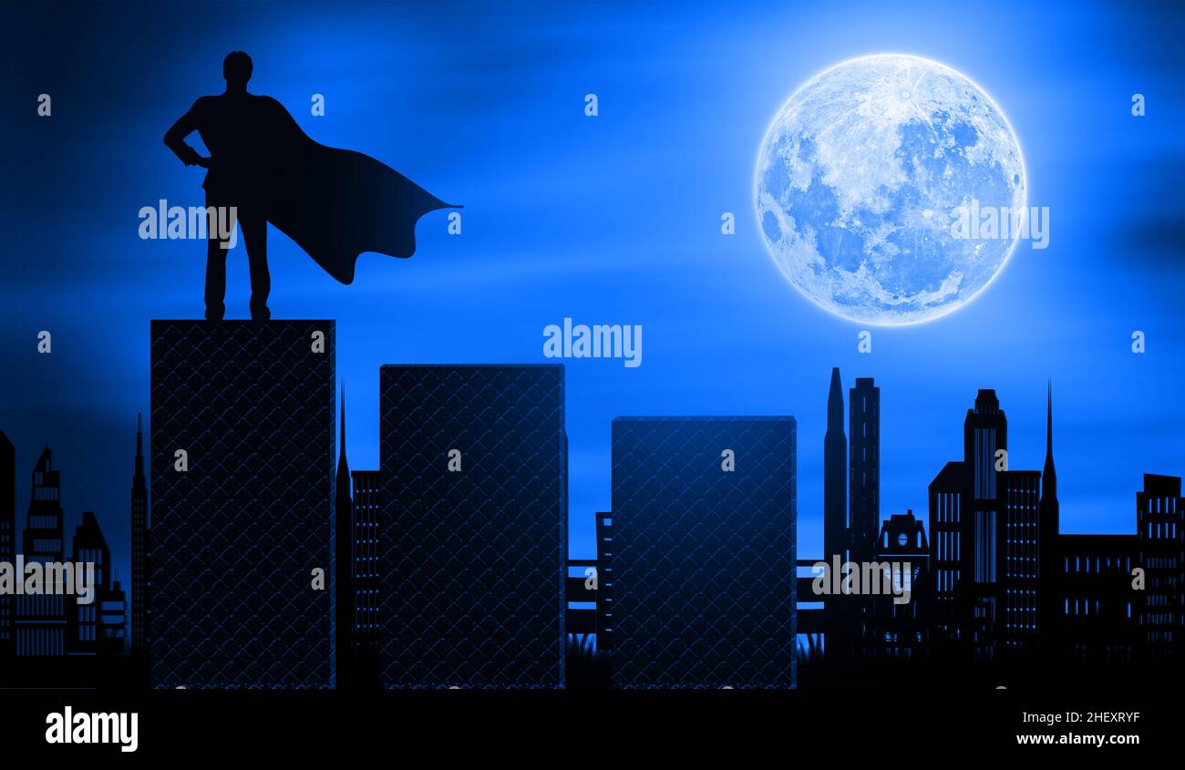 Superhero Man with Great City and Moon Night. Super Businessman ...