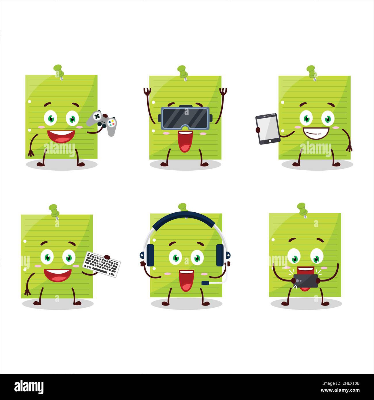Green sticky notes cartoon character are playing games with various ...