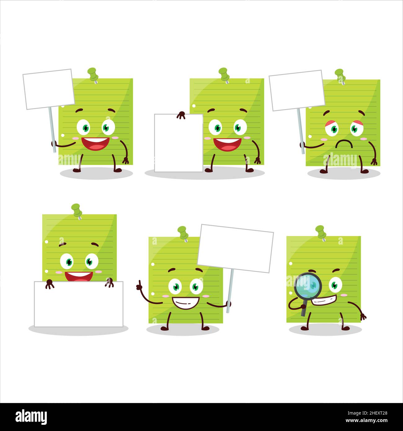 Green sticky notes cartoon character bring information board. Vector ...