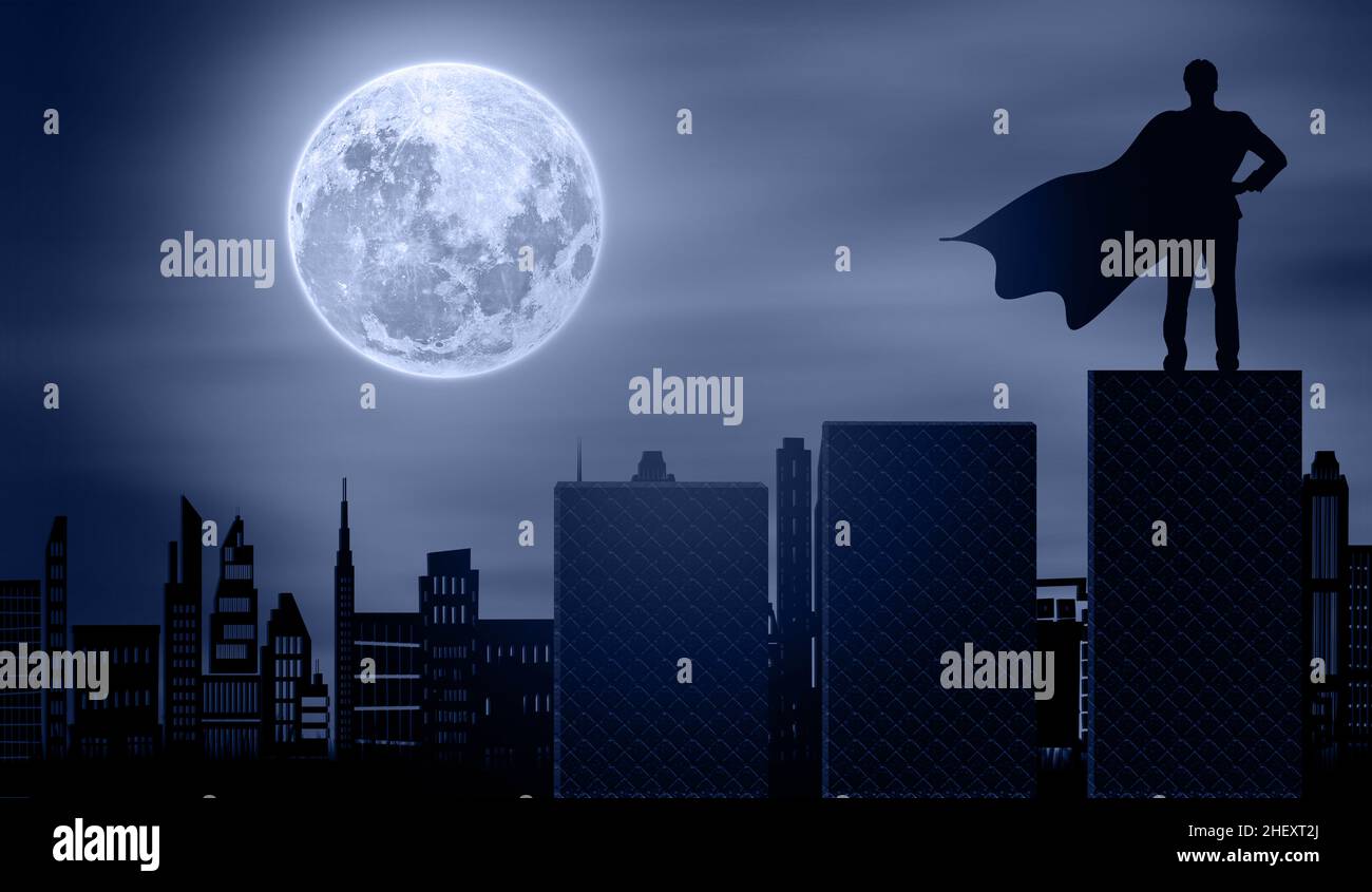 Superhero Man Stands Looking To The city buildings At Night with Moon ...