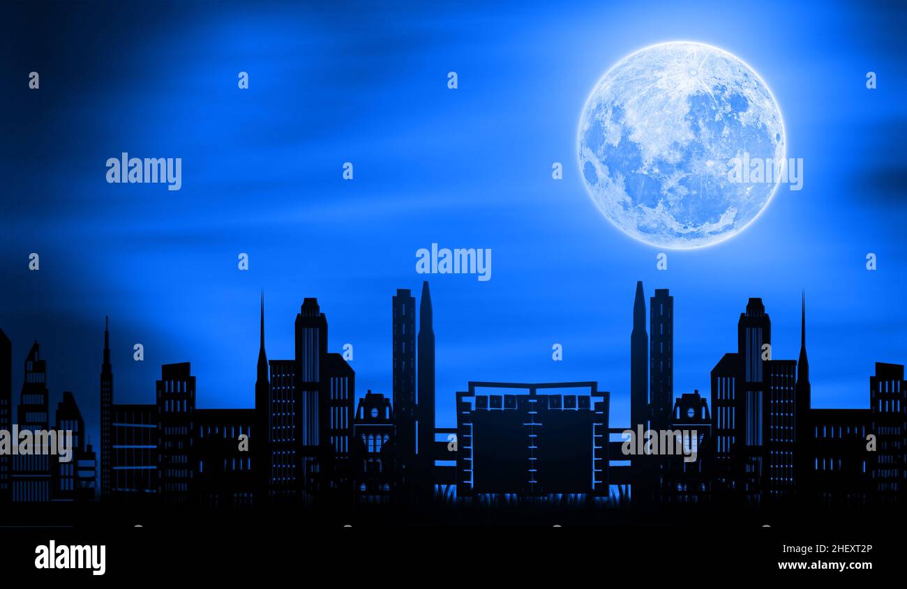 City Buildings with Moon Light At Night. Cityscape Night Sky blue ...