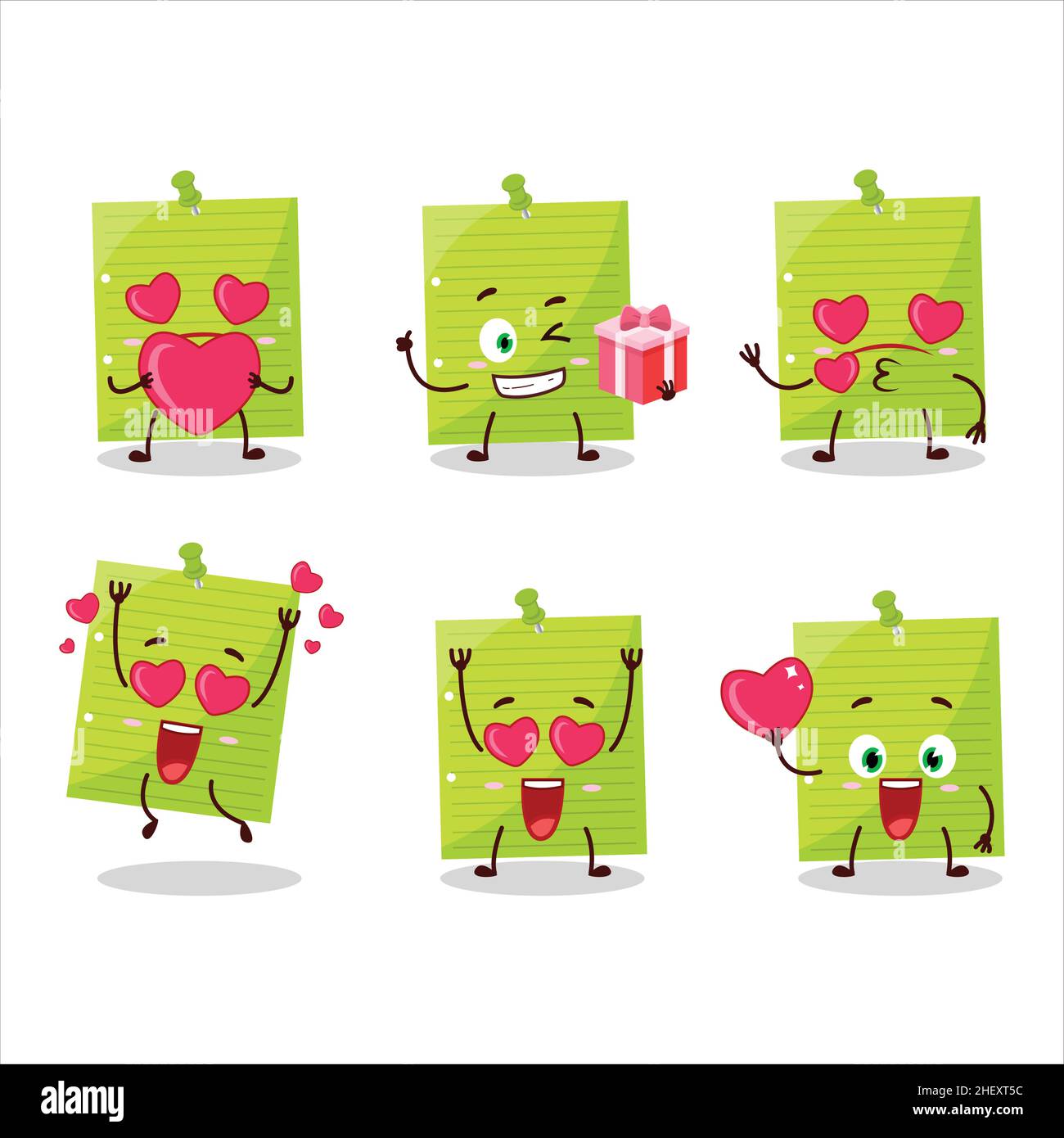 Green sticky notes cartoon character with love cute emoticon. Vector ...