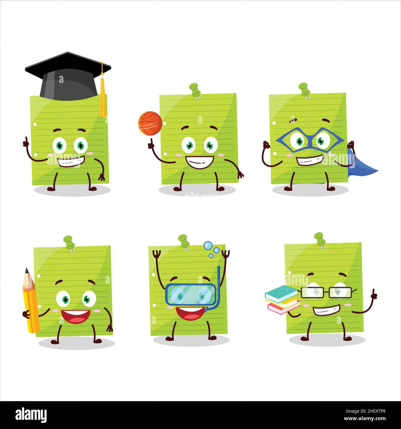 School student of green sticky notes cartoon character with various ...