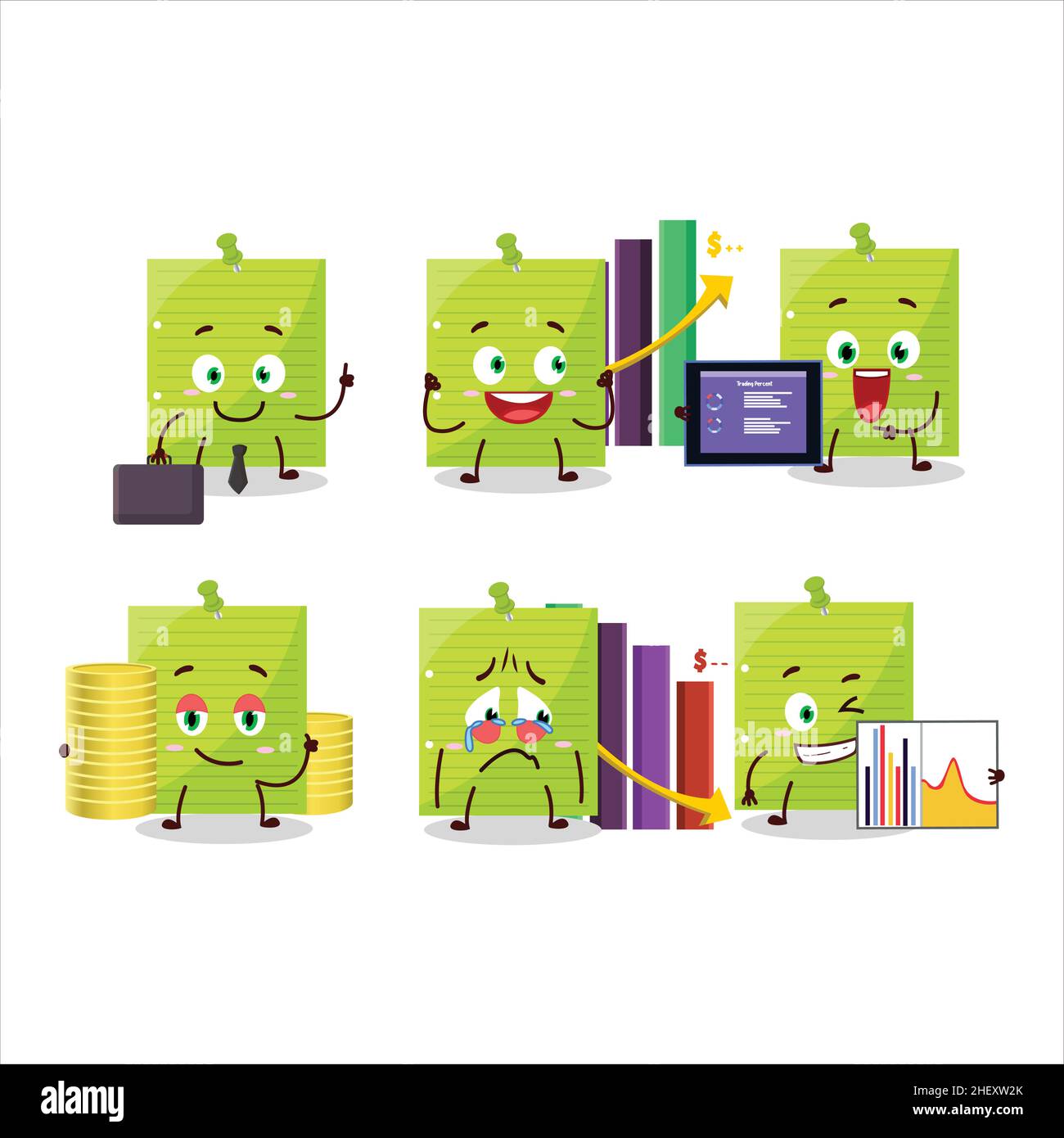 Green sticky notes character designs as a trader investment mascot ...