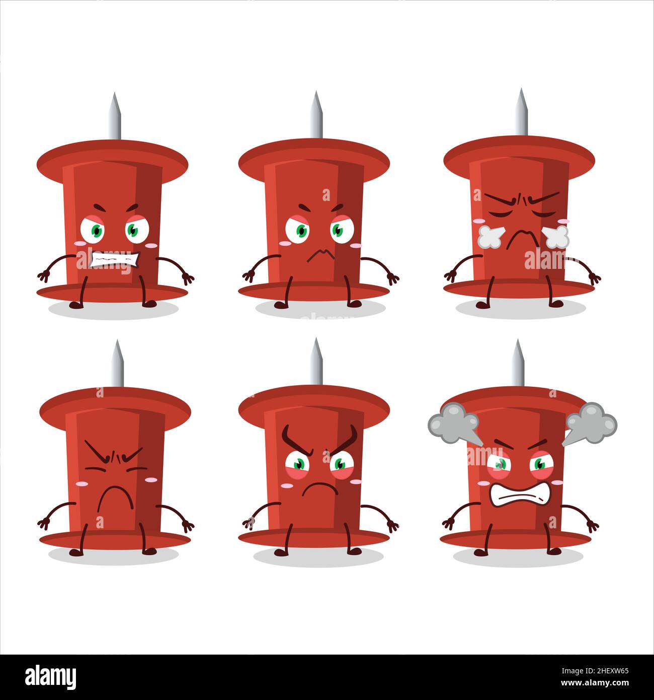 Red push pin cartoon character with various angry expressions. Vector ...