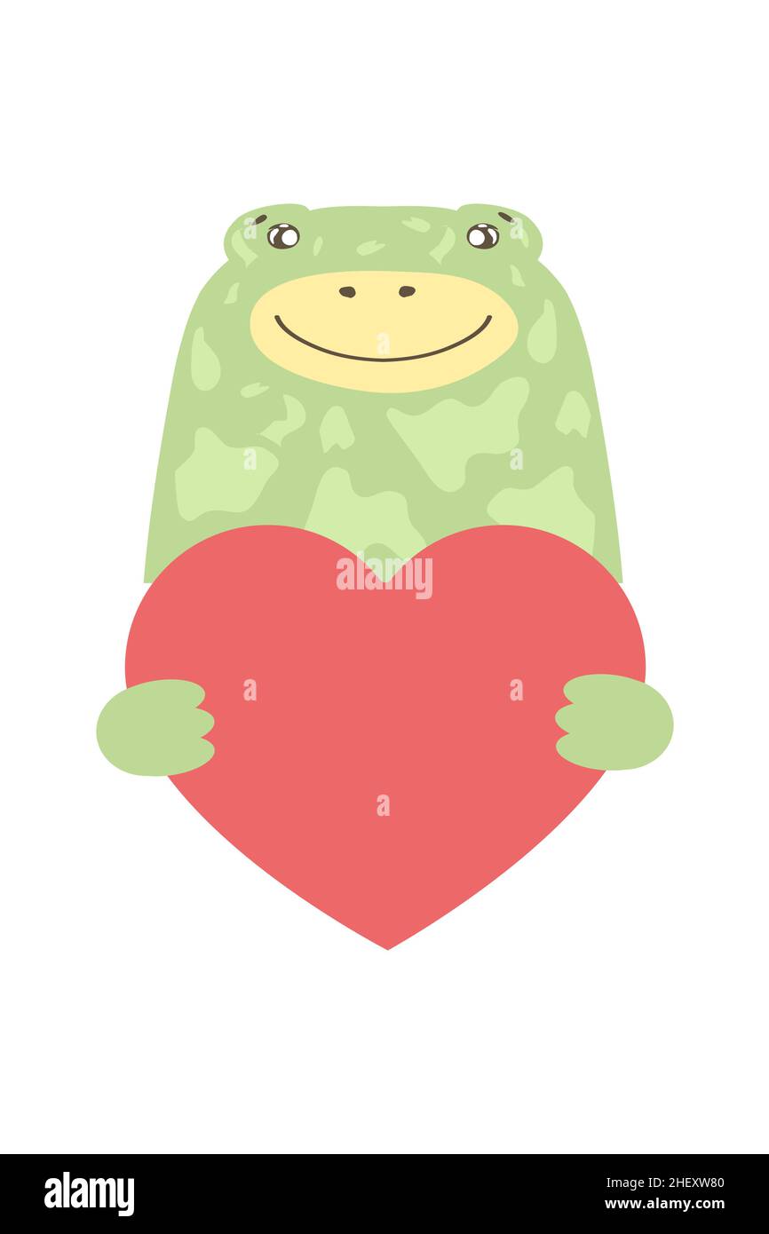 Cute cartoon frog animal holds a heart sign with copy space. set ...