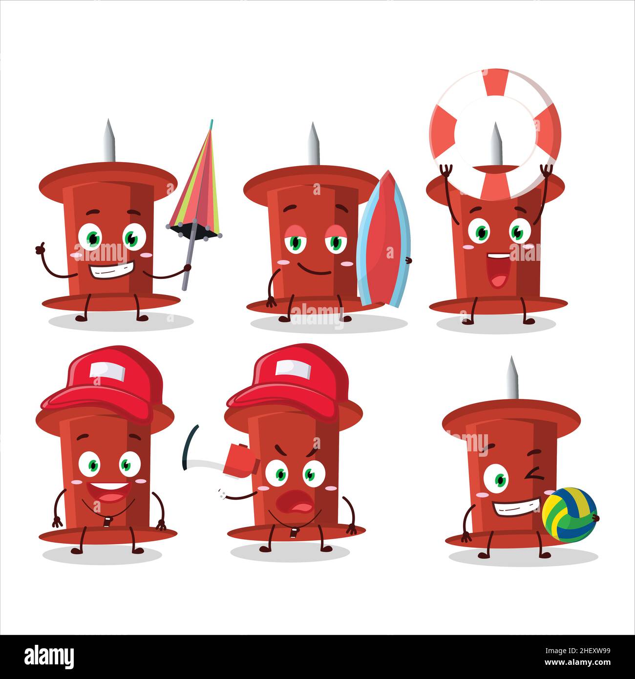 Happy Face red push pin cartoon character playing on a beach. Vector ...