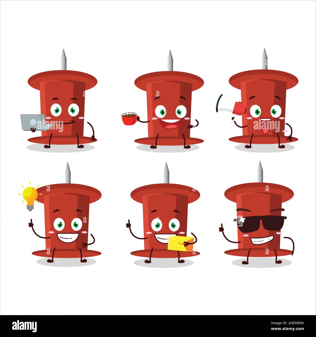 Red push pin cartoon character with various types of business emoticons ...