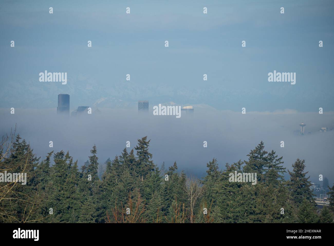 Seattle skyline covered with morning fog on sunny day Stock Photo - Alamy