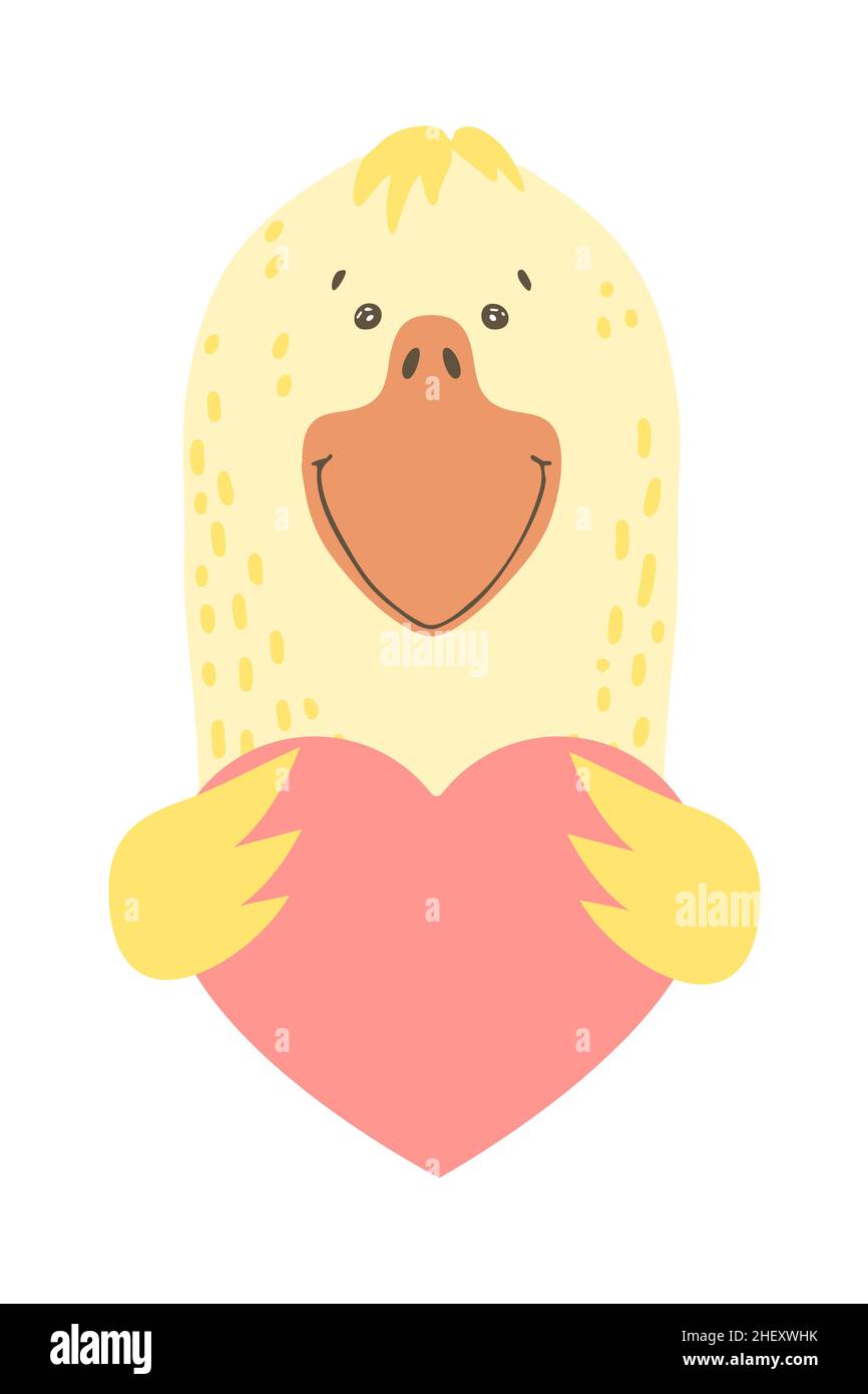 Cute cartoon bird goose holds a heart sign with copy space. set ...