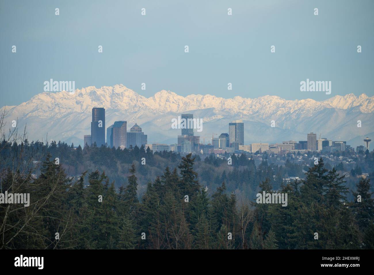 Seattle skyline with Olympic Mountains in a background in the morning ...