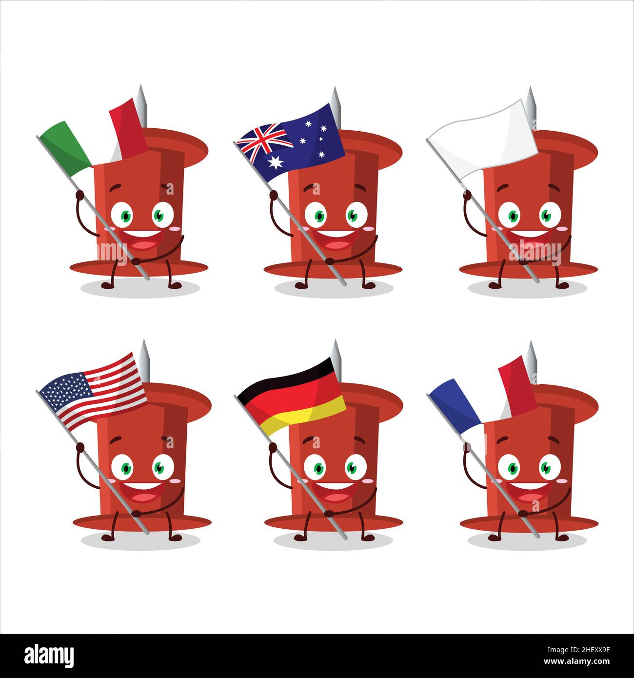 Red Push Pin Cartoon Character Bring The Flags Of Various Countries