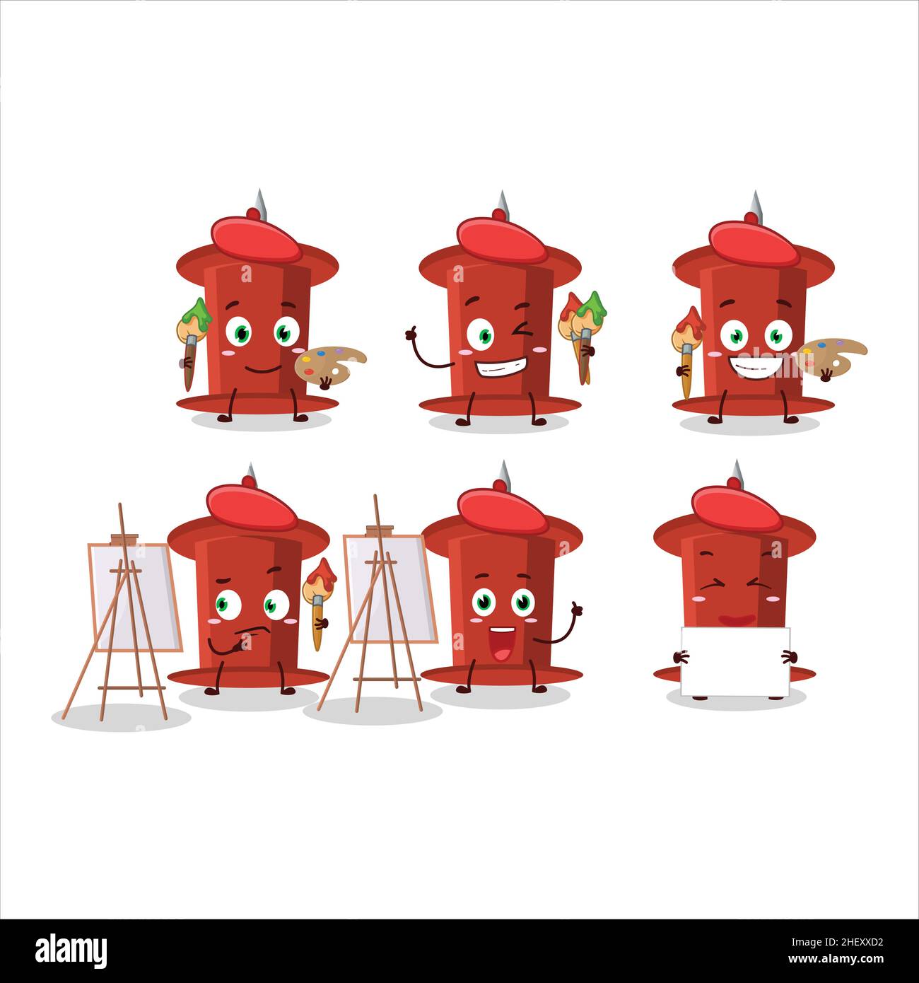 Artistic Artist of red push pin cartoon character painting with a brush ...