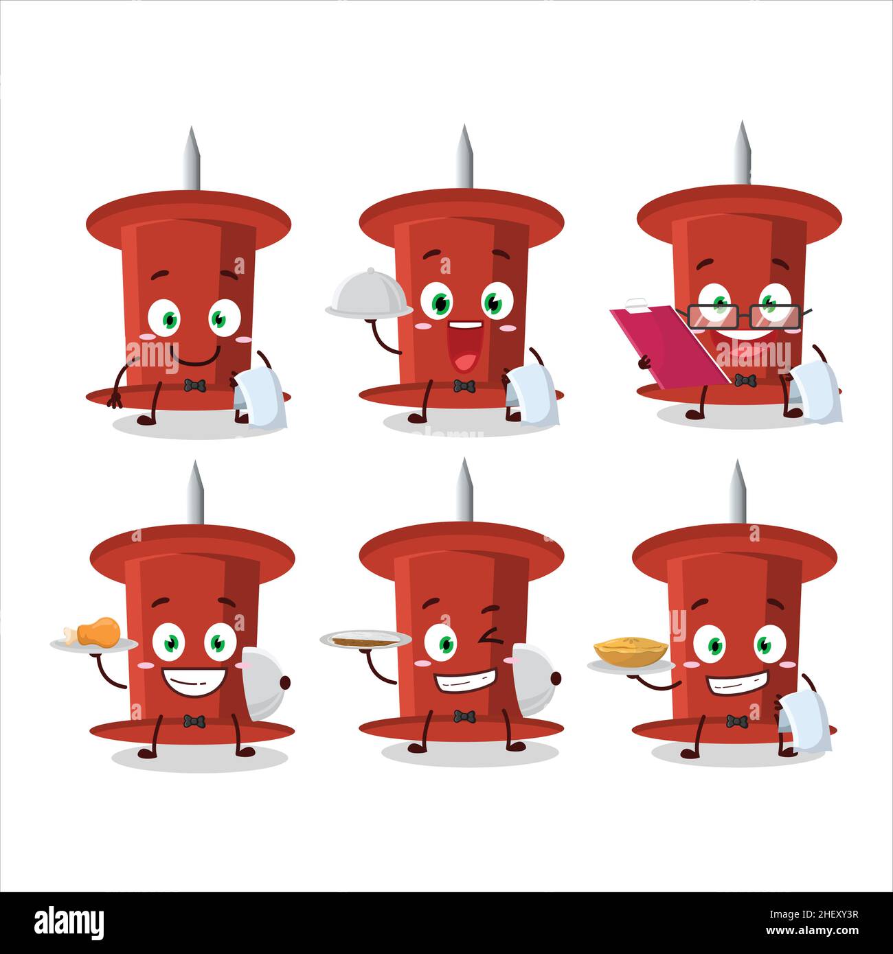 happy red push pin waiter cartoon character holding a plate. Vector ...