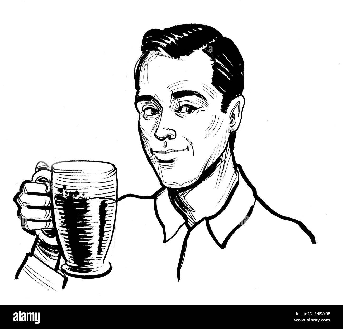 Happy smiling man drinking a mug of beer. Ink black and white drawing ...
