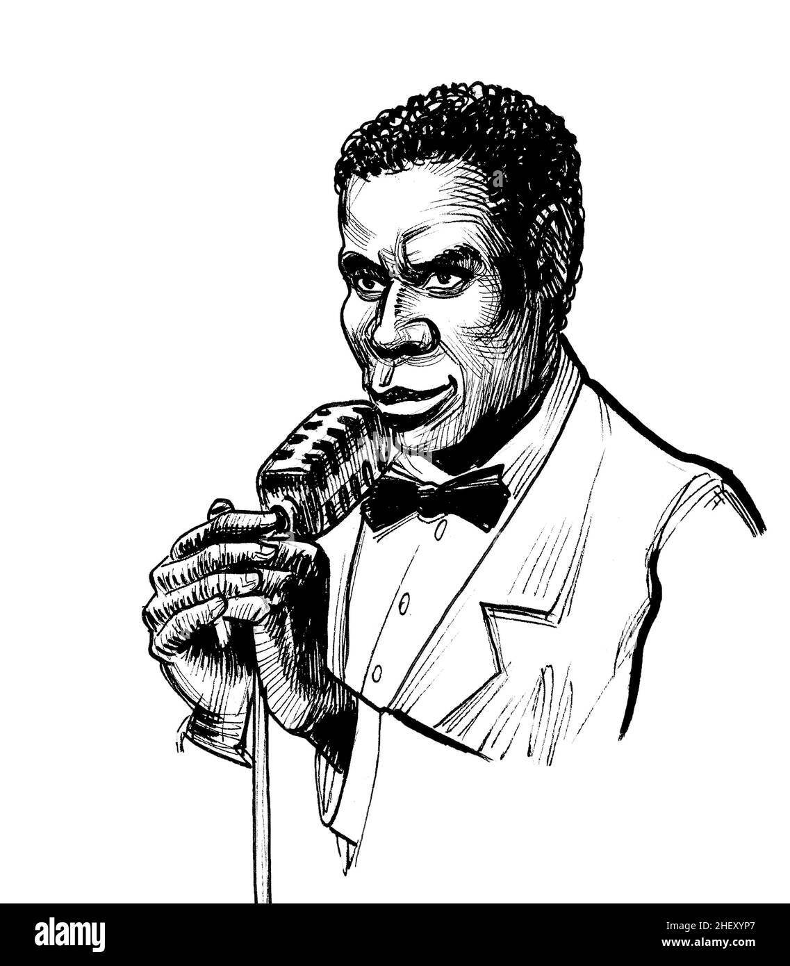 Jazz musician with a microphone. Ink black and white drawing Stock ...