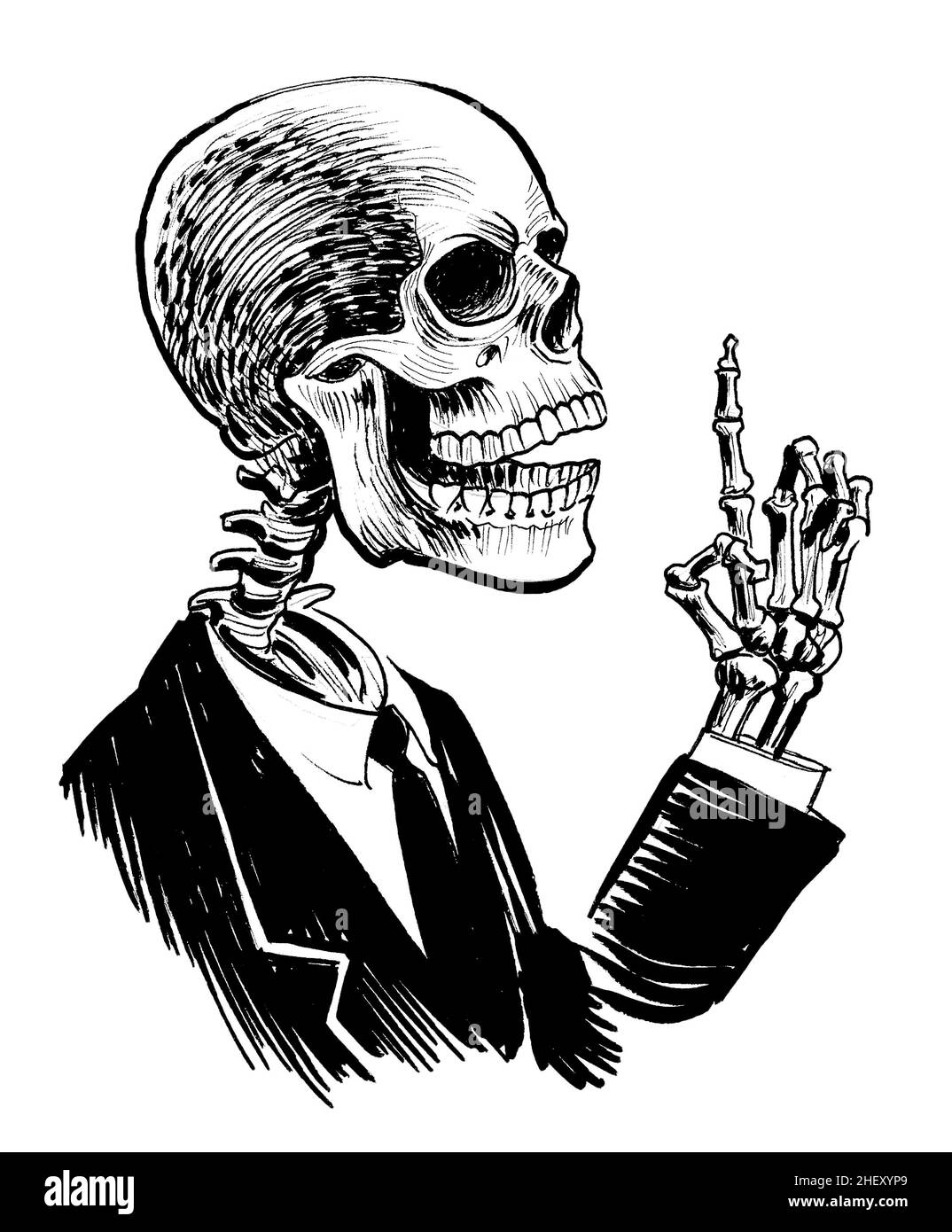 Warning skeleton. Ink black and white drawing Stock Photo - Alamy