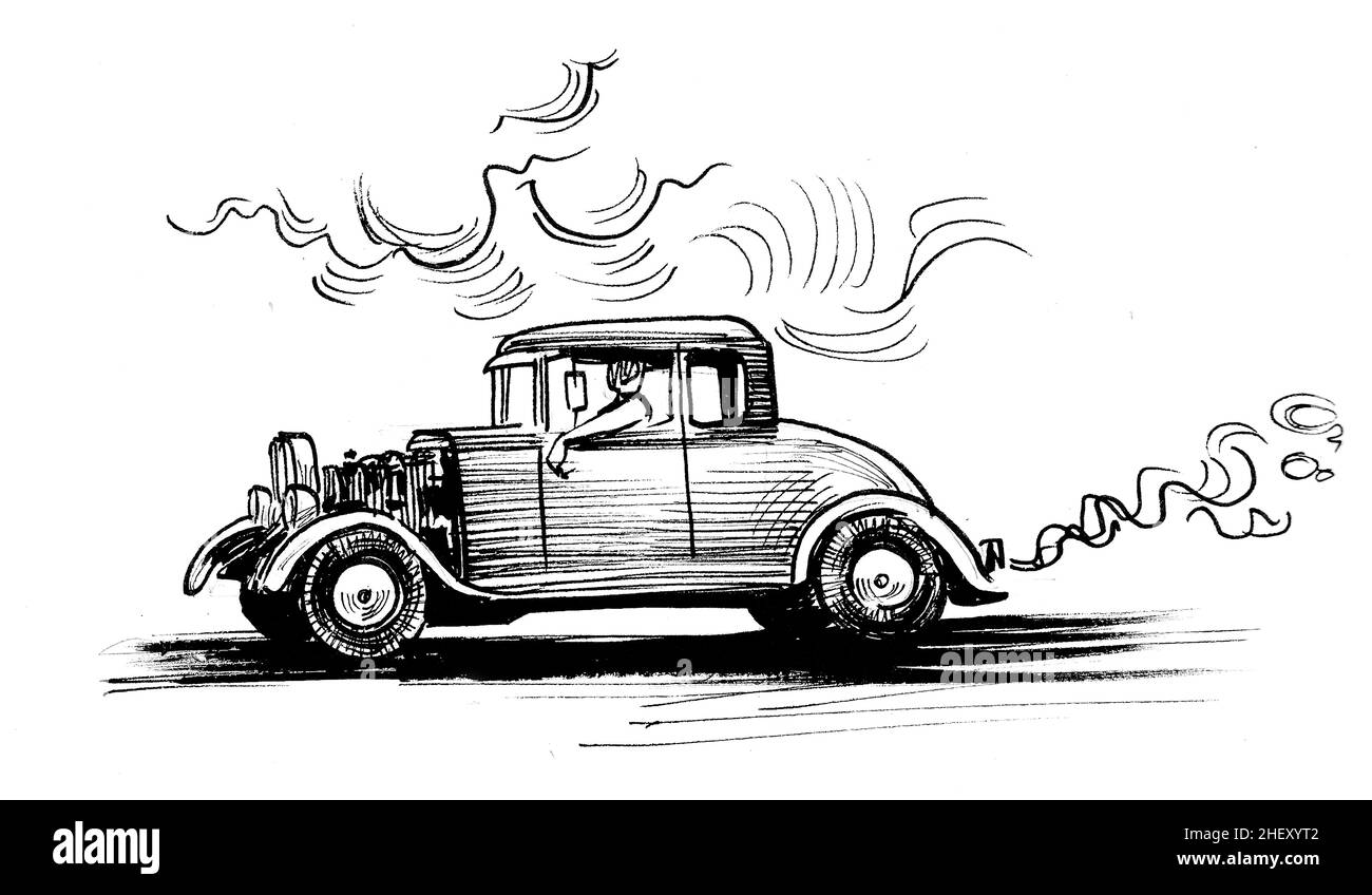 Speeding retro car. Ink black and white drawing Stock Photo - Alamy