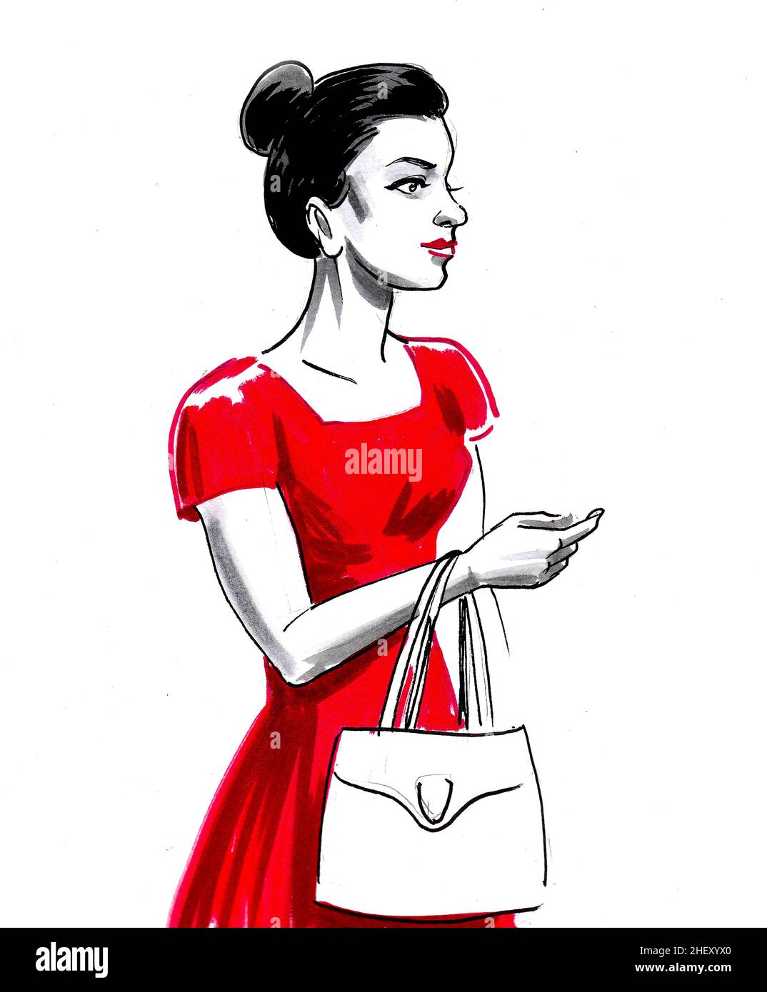 Lady in red dress with a bag. Ink drawing Stock Photo - Alamy