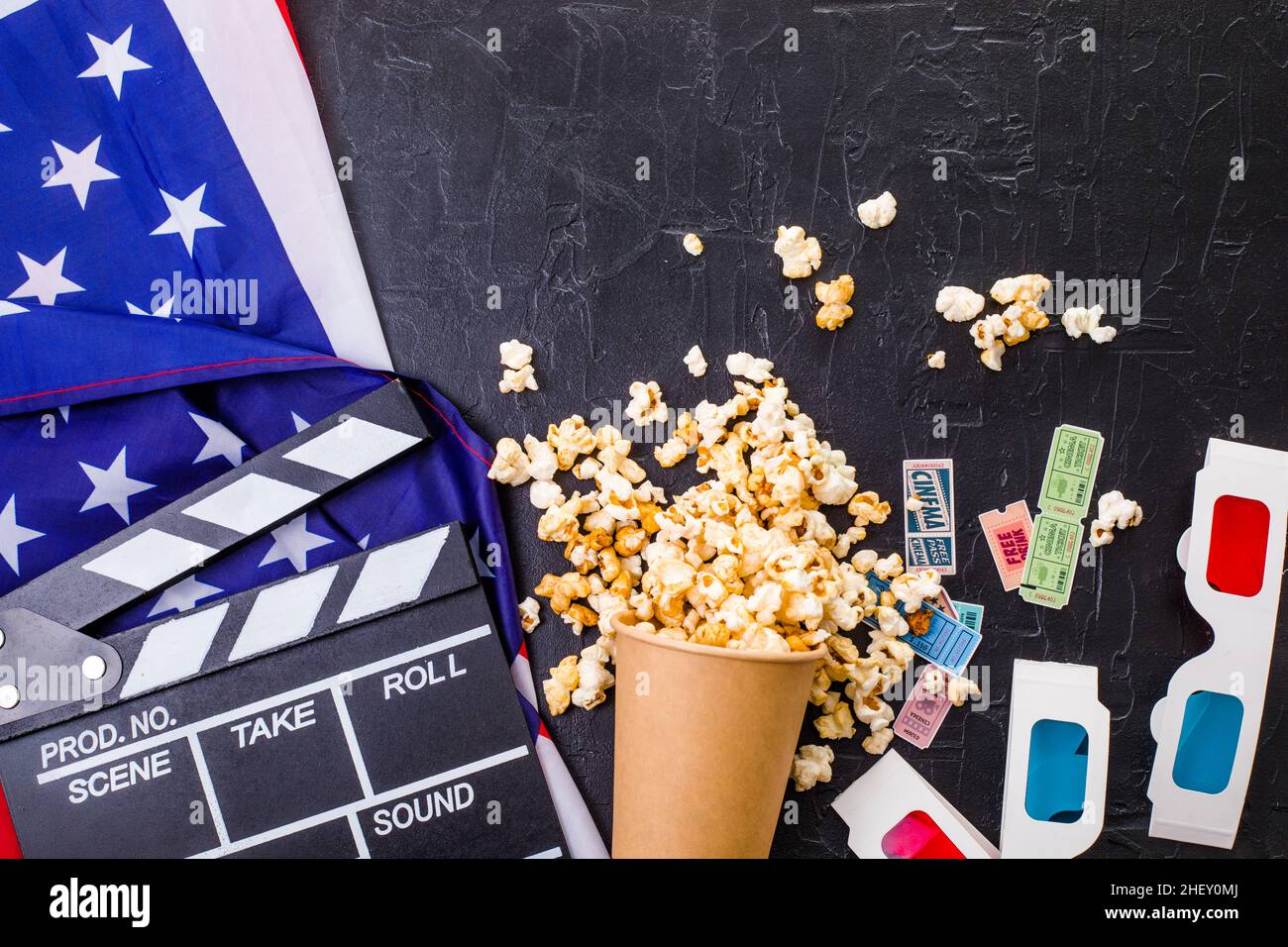 Movie clapper board USA flag, 3d movie cinema glasses and popcorn ...