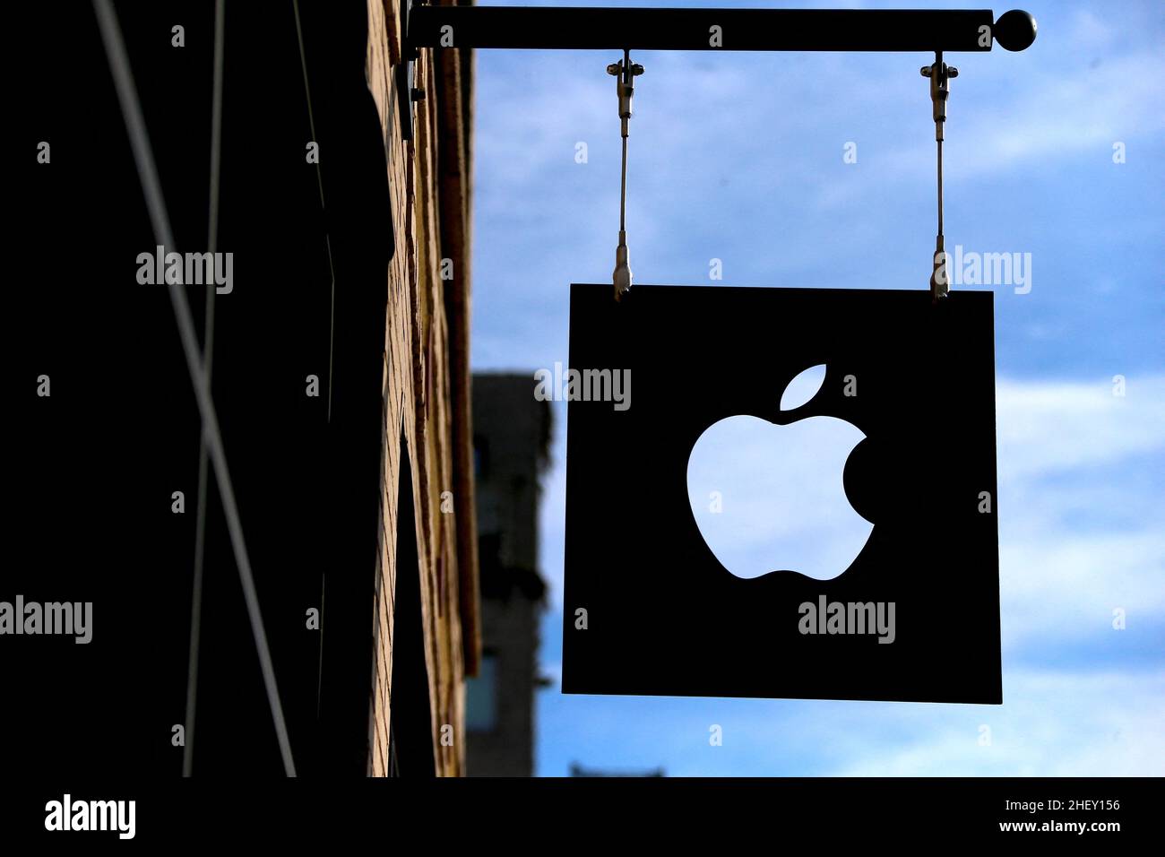 Apple brand logo on the street in New York City, NY, USA on January 12 ...