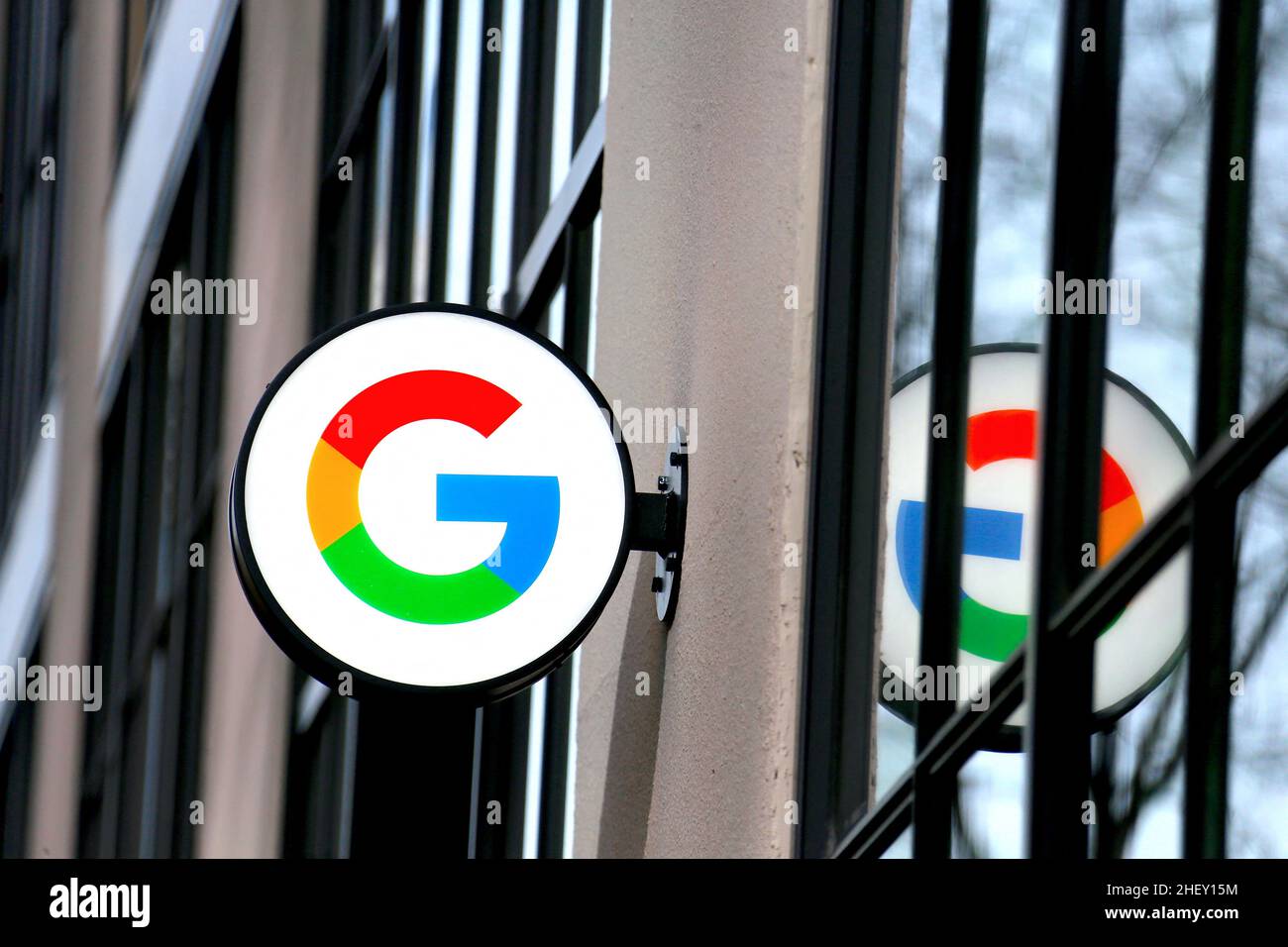 Google brand logo on the street in New York City, NY, USA on January 12 ...