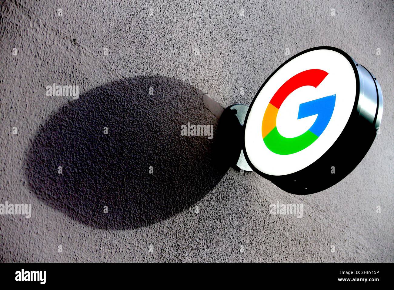 Google brand logo on the street in New York City, NY, USA on January 12 ...