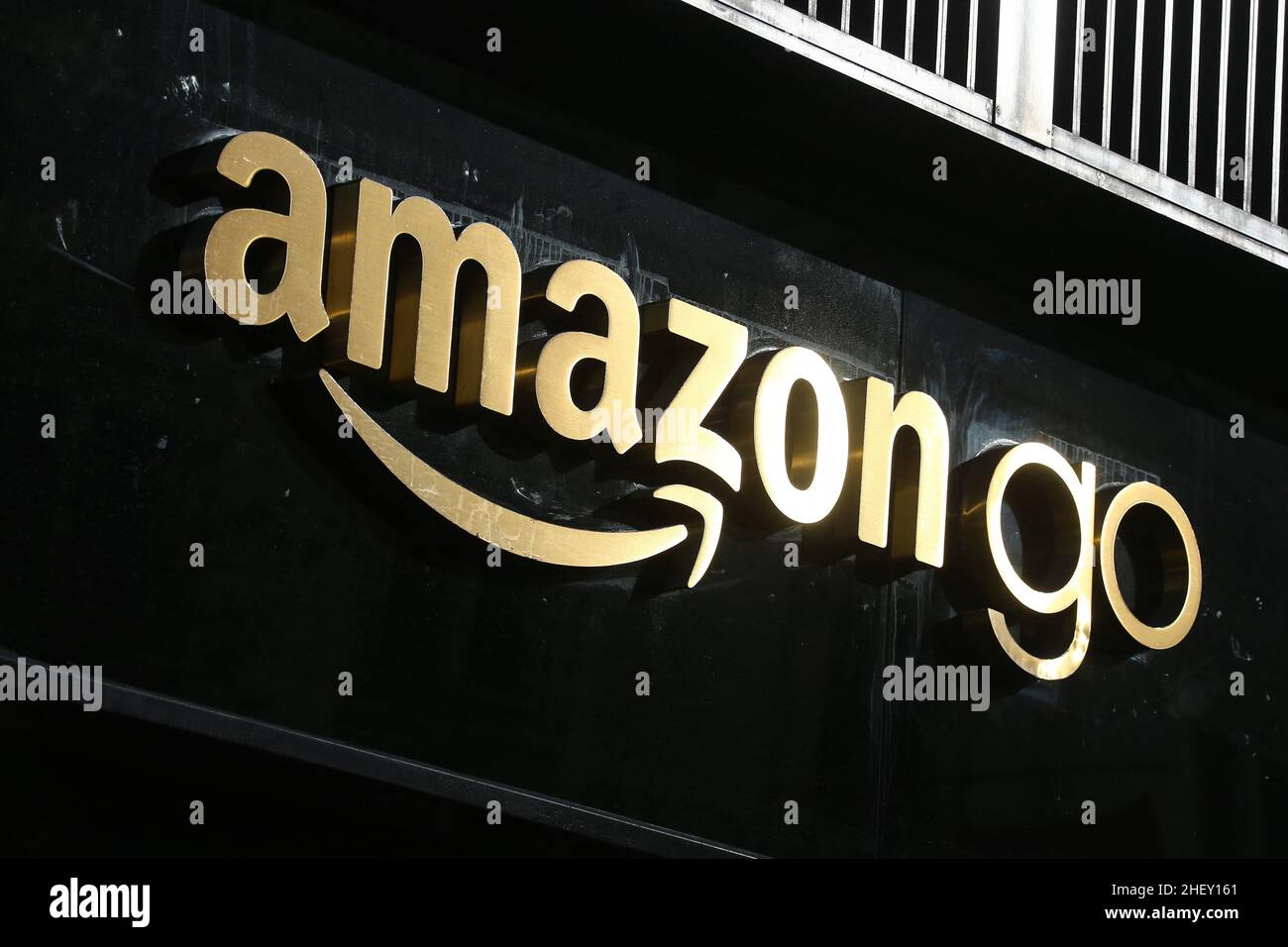 Amazon brand logo on the street in New York City, NY, USA on January 12 ...