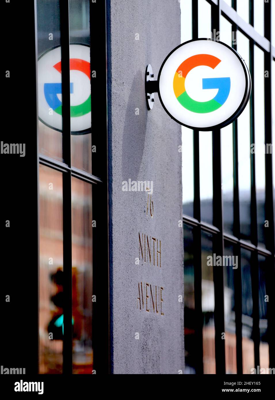 Google brand logo on the street in New York City, NY, USA on January 12 ...