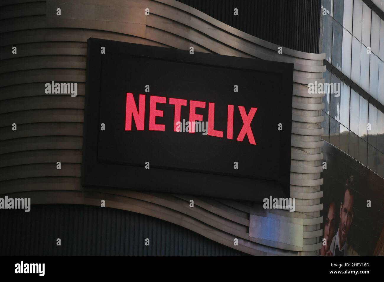 Netflix brand logo on the street in New York City, NY, USA on January ...
