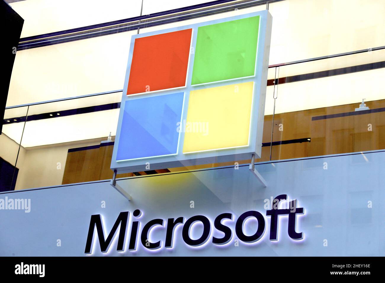 Microsoft brand logo on the street in New York City, NY, USA on January ...