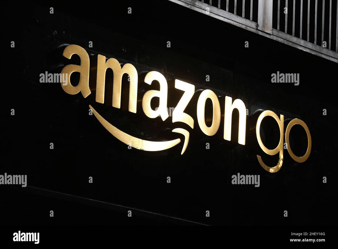 Amazon brand logo on the street in New York City, NY, USA on January 12 ...