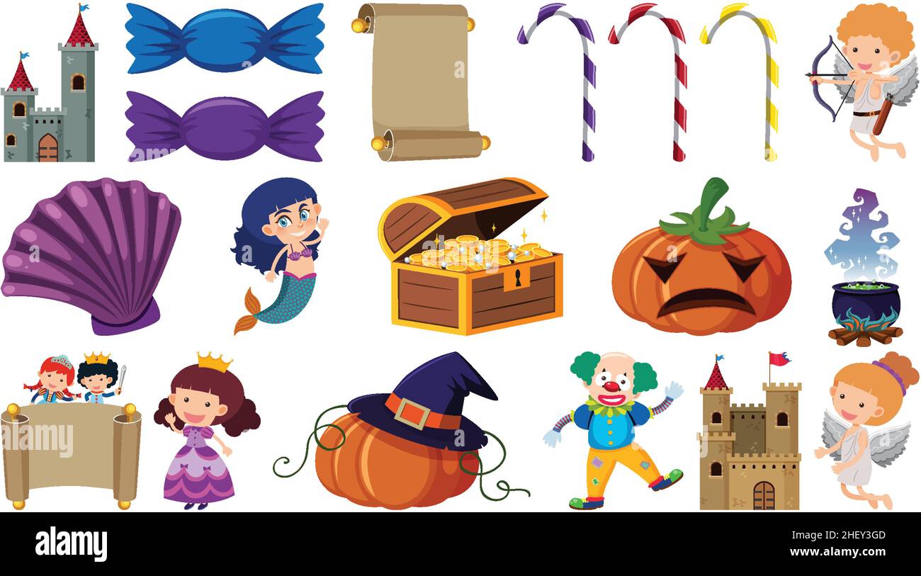 Set of fantasy cartoon characters and elements illustration Stock ...