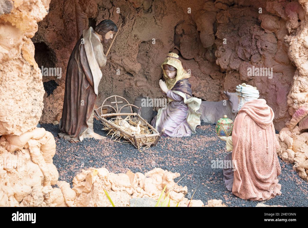 Christmas nativity scene in a stable with baby Jesus in a manger, Mary ...