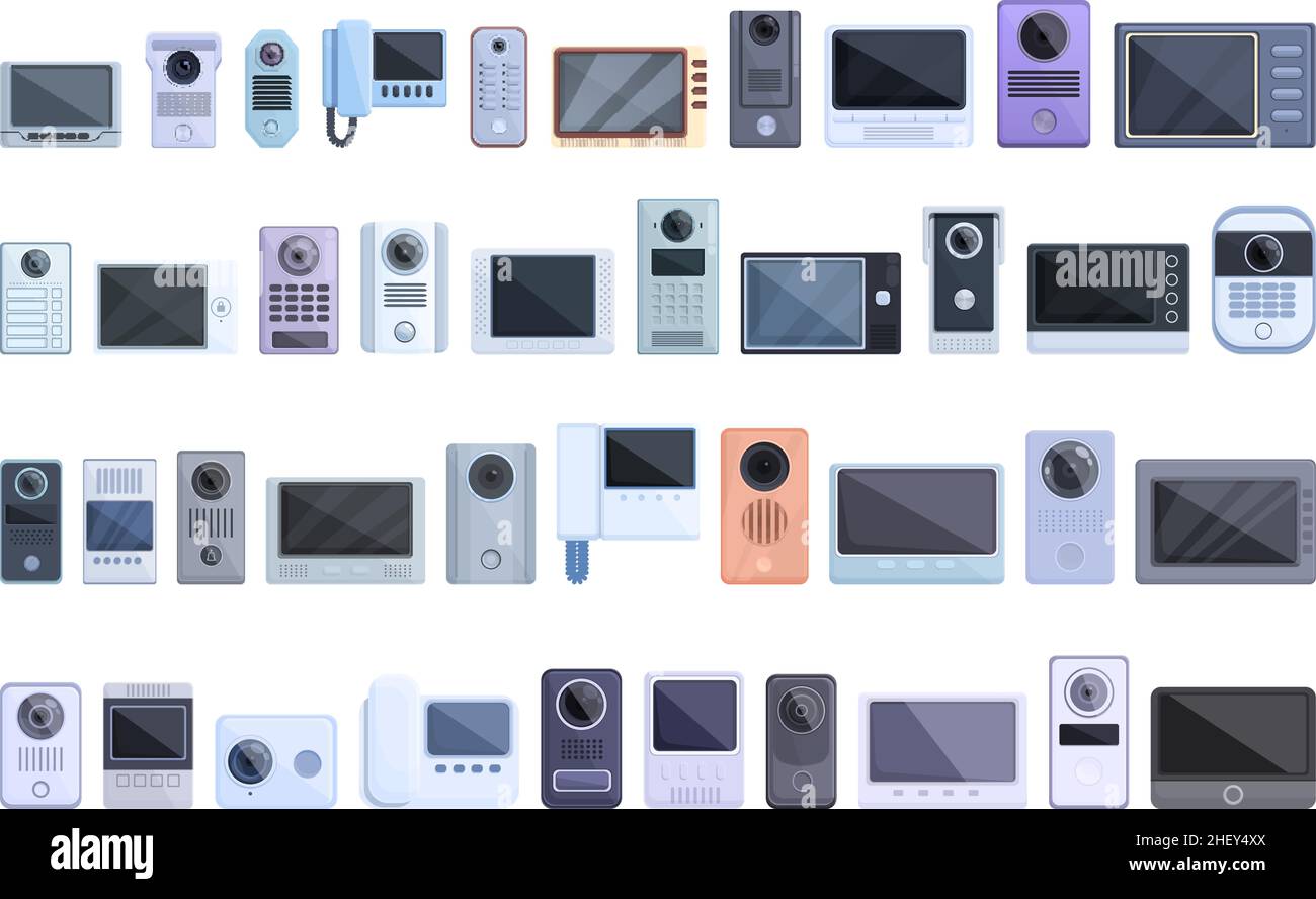 Video intercom icons set cartoon vector. Door phone. Bell alarm button ...