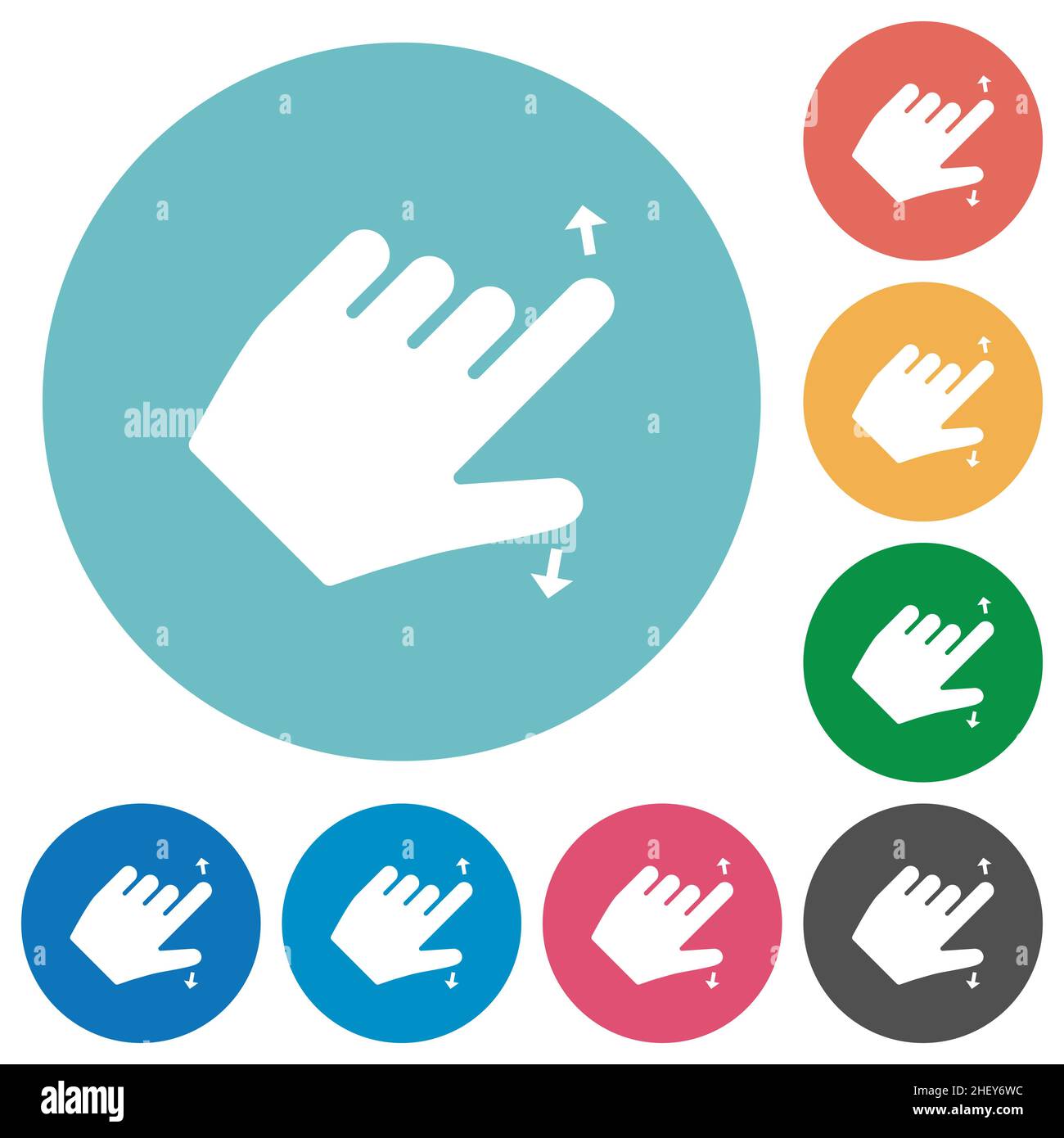 Left handed pinch open gesture flat white icons on round color ...