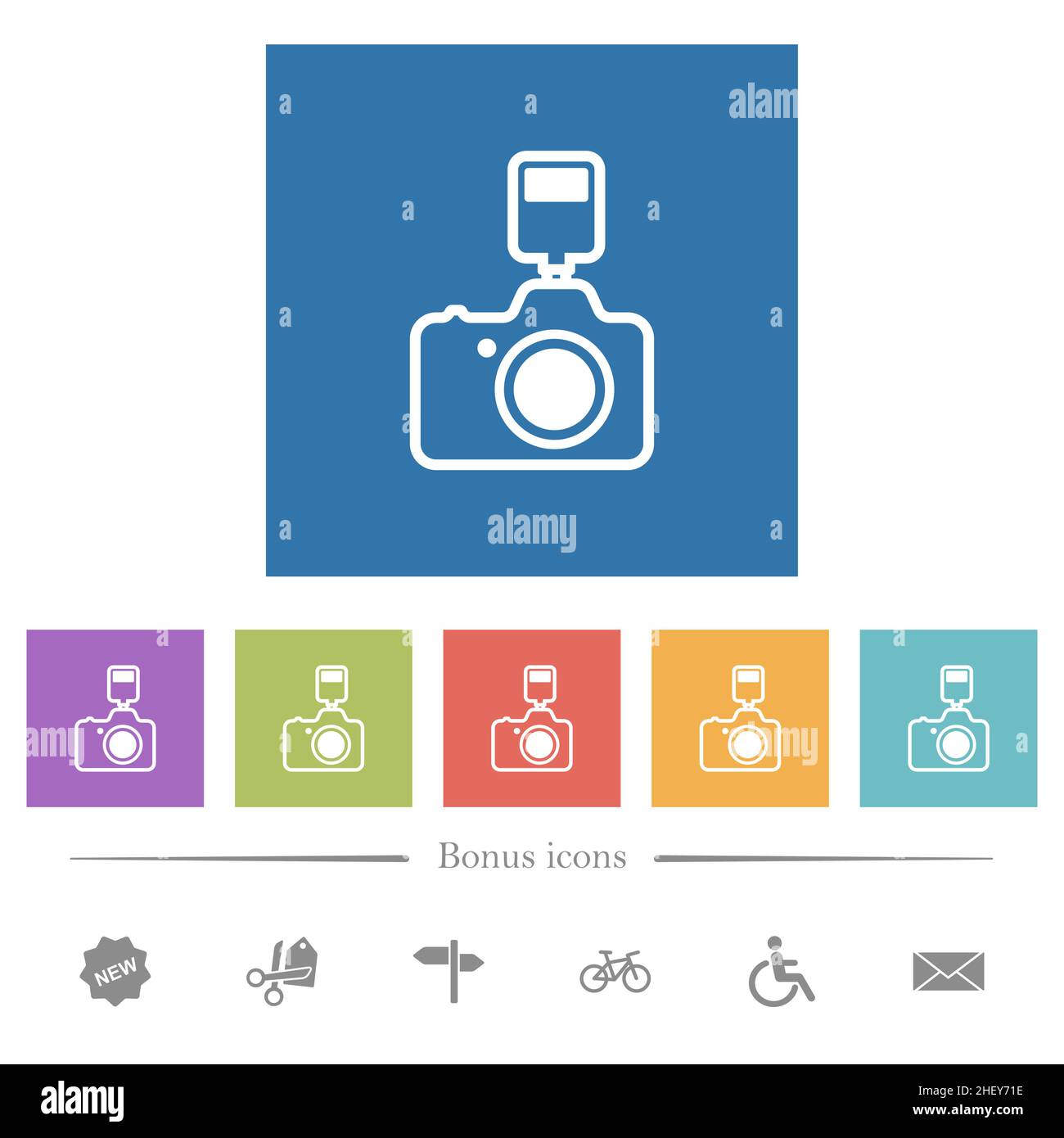 Camera with flash outline flat white icons in square backgrounds. 6 ...