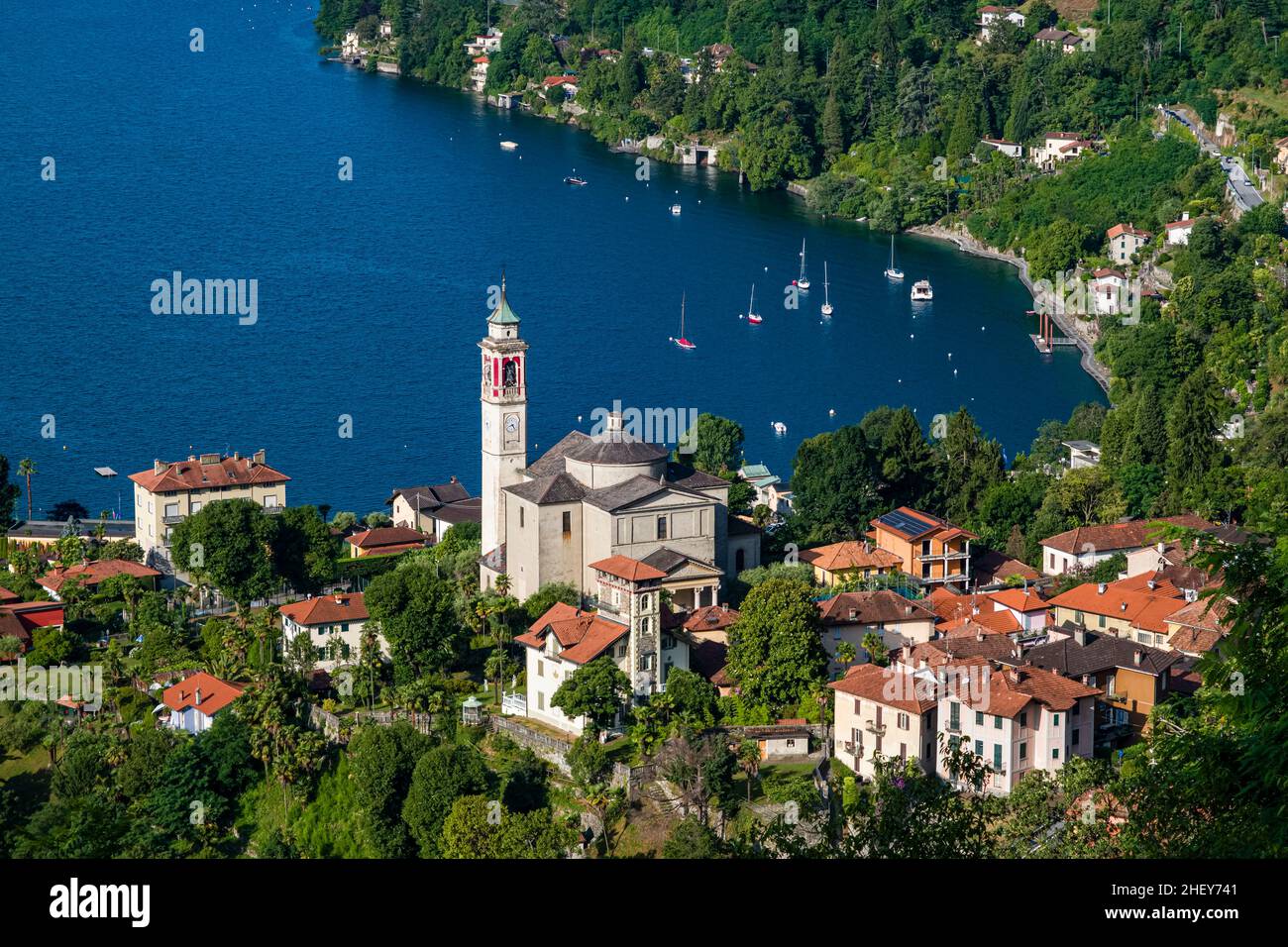 Aerial view on the roofs of Cannero, the church Chiesa Parrocchiale di ...