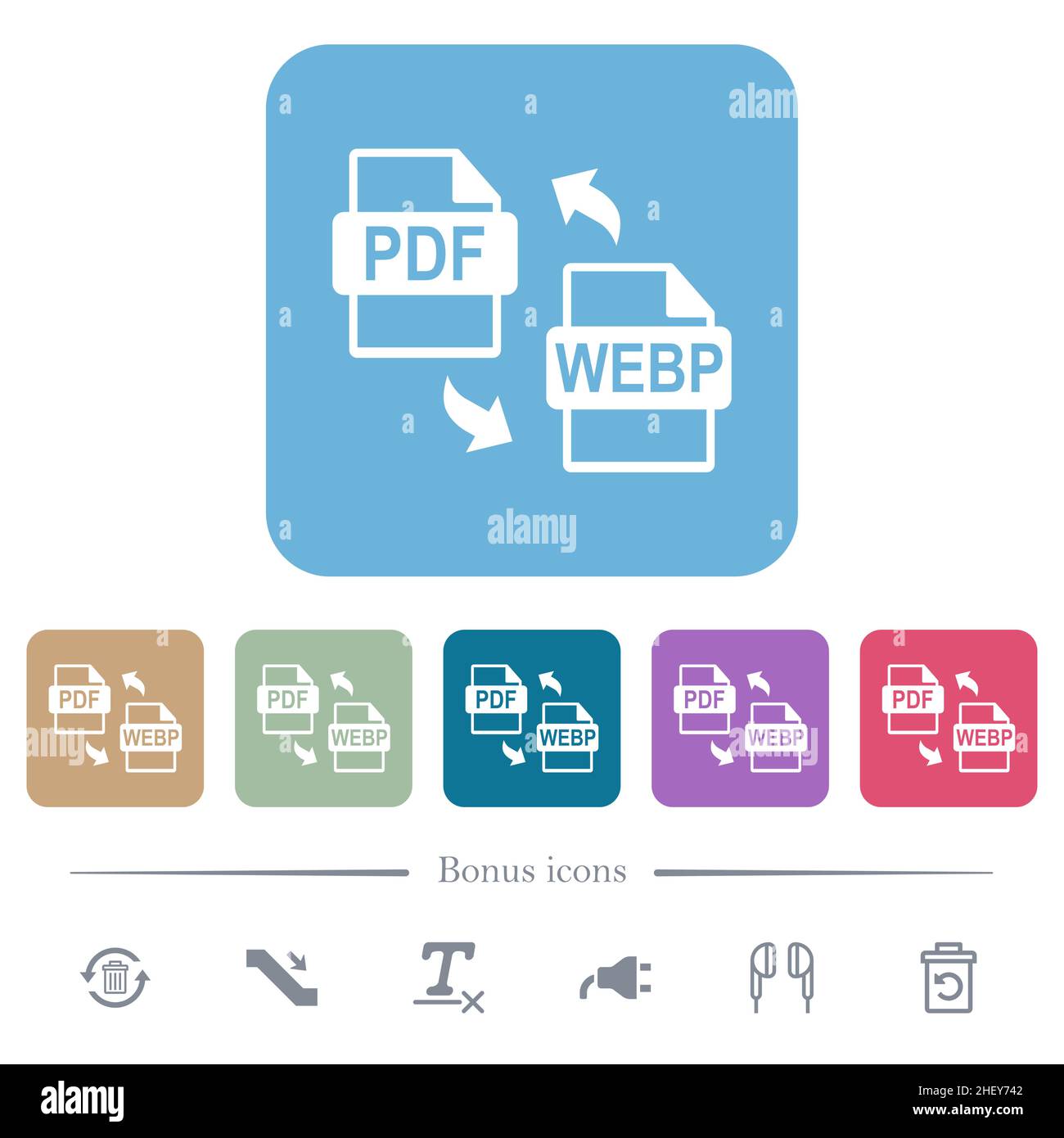 PDF WEBP file conversion white flat icons on color rounded square ...