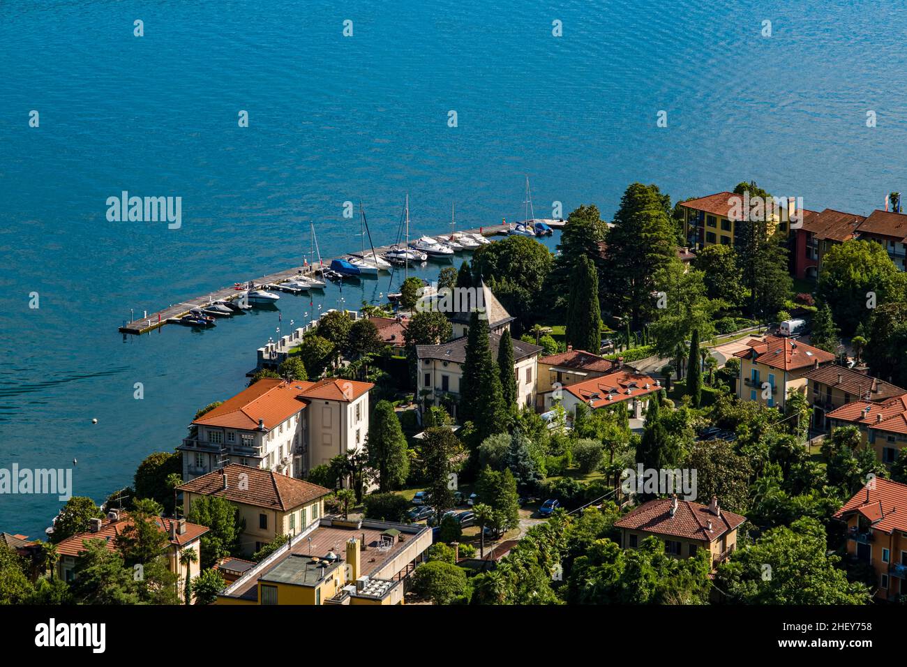 Aerial view on the roofs of Cannero, the harbour and Lake Maggiore ...
