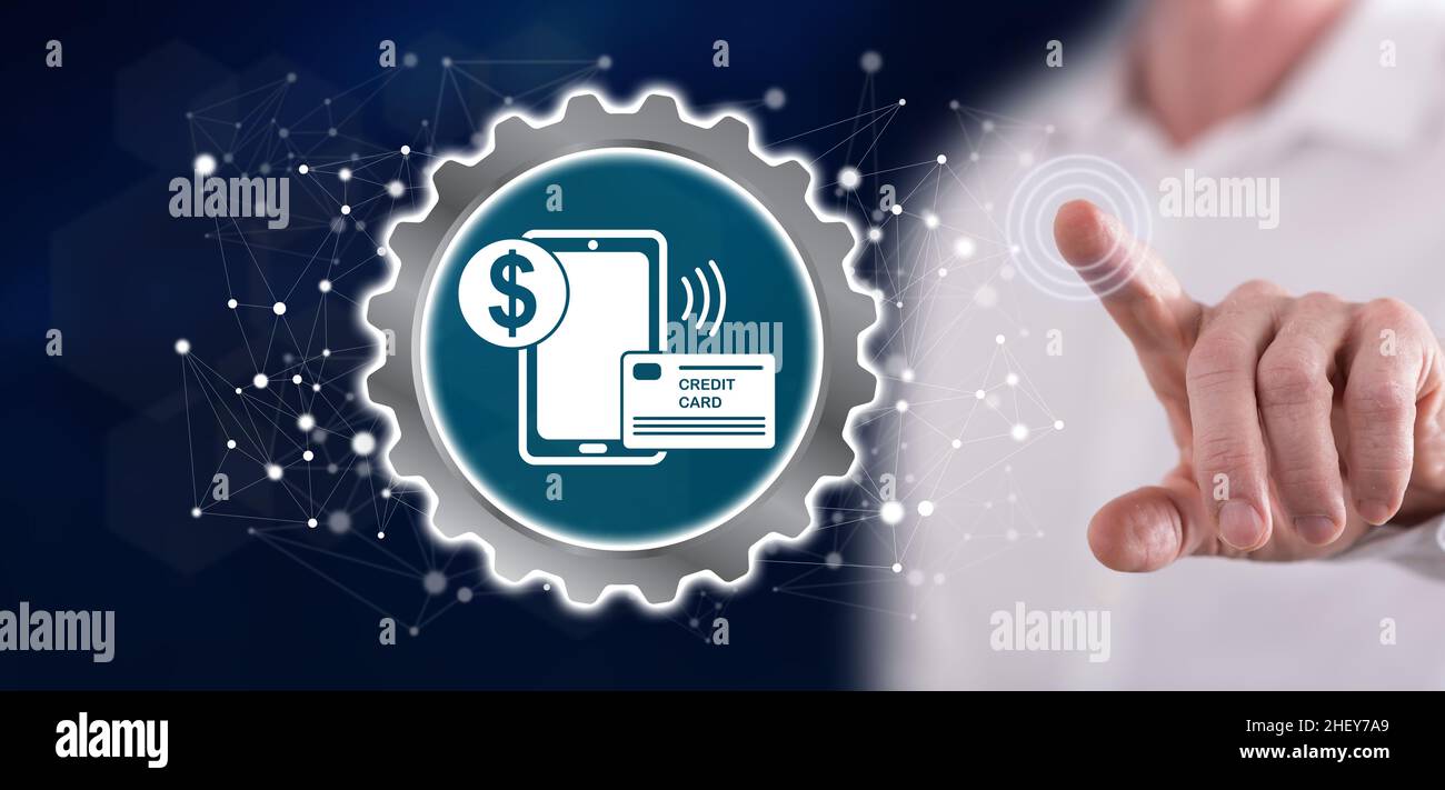 Man touching an e-payment concept on a touch screen with his finger ...