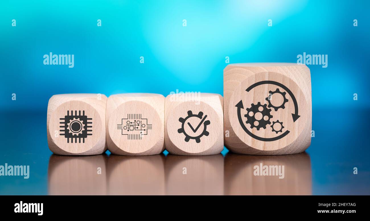 Wooden blocks with symbol of automation concept on blue background ...