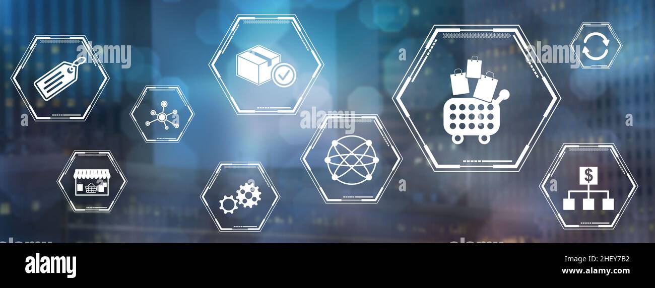 Concept of purchase with icons on blurred dark background Stock Photo ...