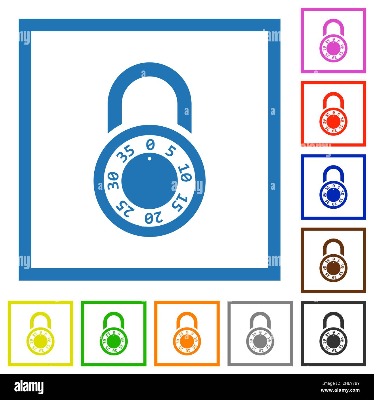Locked round combination lock flat color icons in square frames on ...