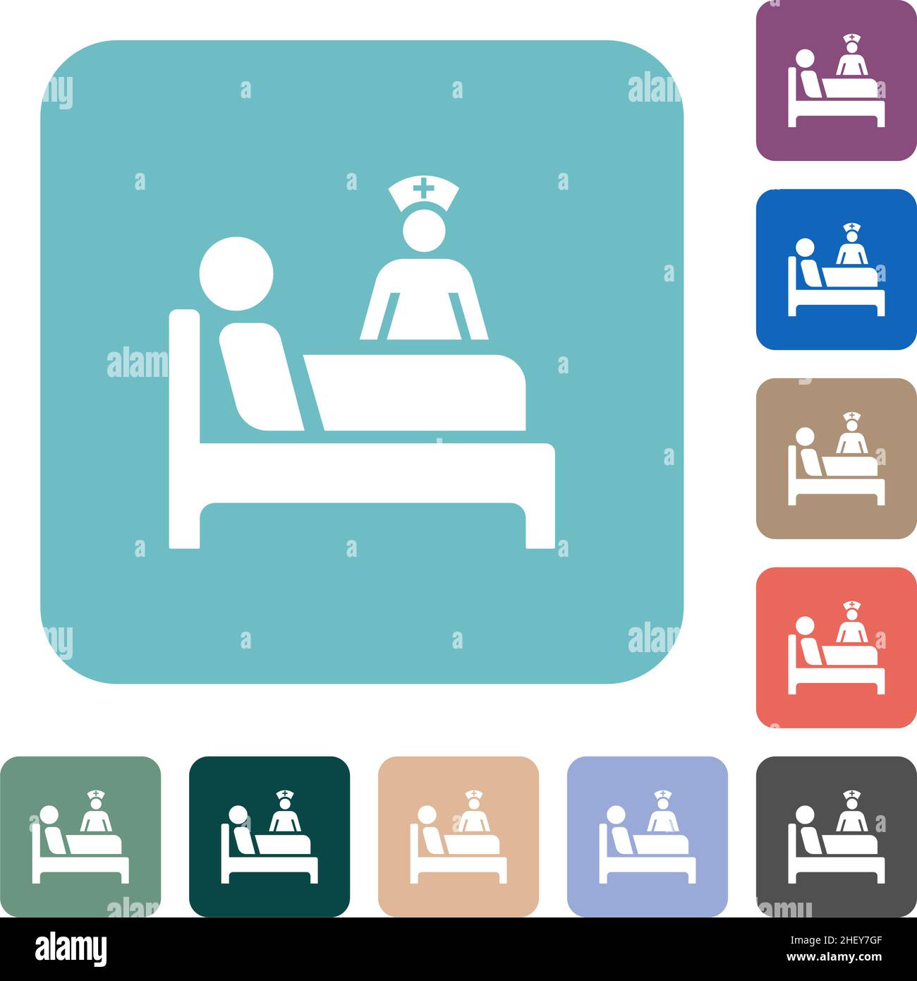 Inpatient care white flat icons on color rounded square backgrounds ...