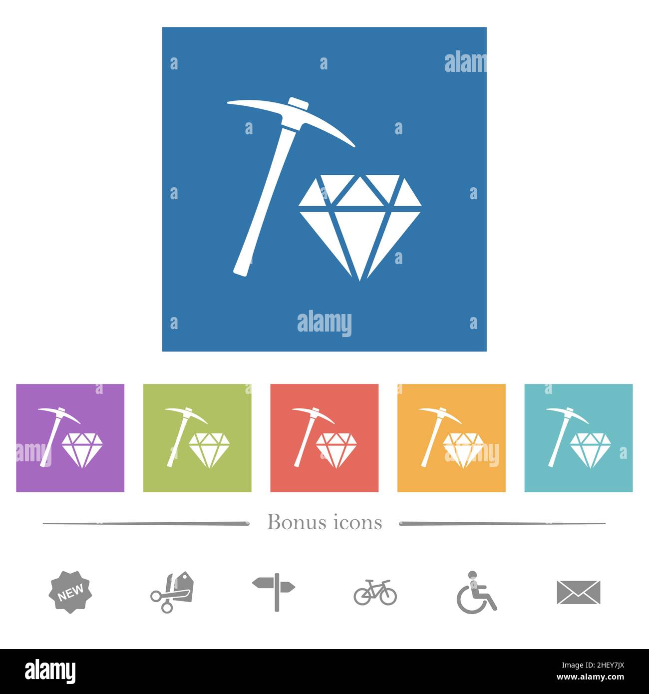 Diamond mining flat white icons in square backgrounds. 6 bonus icons ...