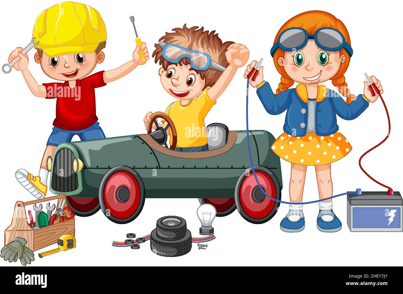 Children repairing a car together illustration Stock Vector Image & Art ...
