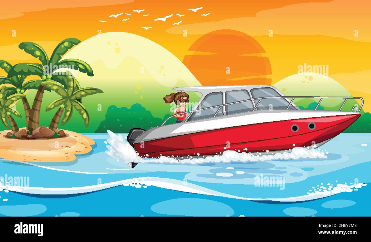 Ocean wave scenery with a woman driving a boat illustration Stock ...